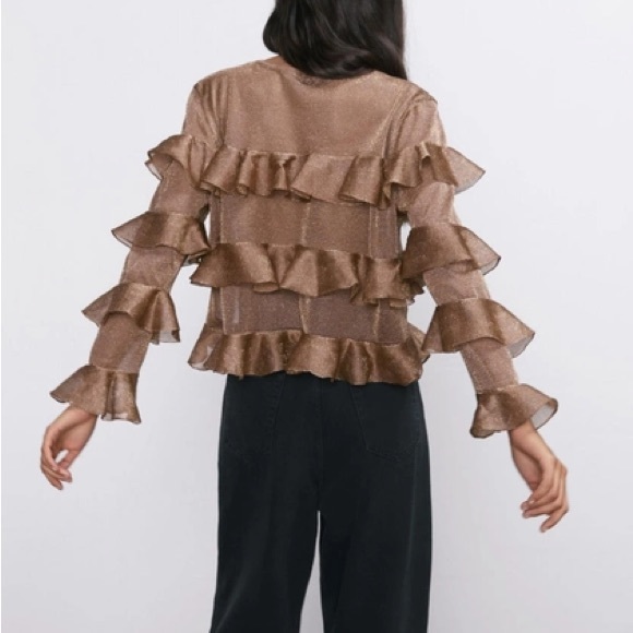 Zara | Tops | Zara Ruffled Metallic Thread Top Copper Nwt | Poshmark